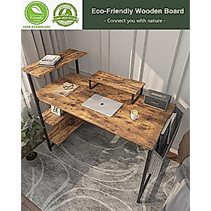 Innerjoin 47 inch Computer Desk with Shelves, Home Office Desk with Monitor Stand, 4 Tier Shelves, Storage Bag, Metal Frames, Rustic Brown