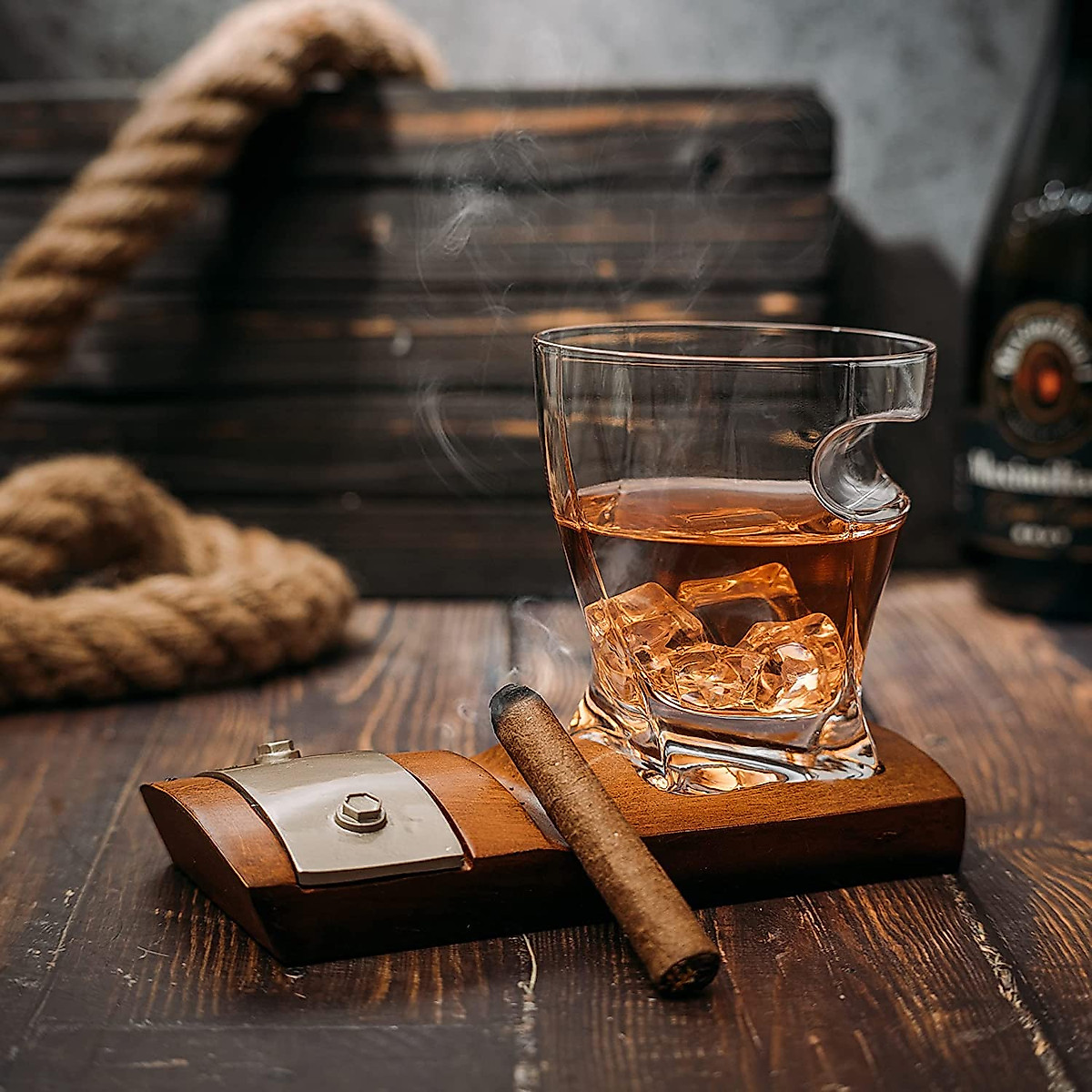Glass & Cigar Coaster & with A Unique Whiskey Glass Slot to Hold Cigar Item, Whiskey Glass Gift Set, Item Rest, Accessory Set Gift for Dad, Men Home Office Decor Gifts, Fathers Day - Christmas