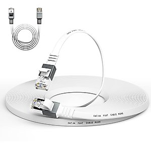 Cat-6a Ethernet Cable 100 Ft,Durable Flat Internet Network LAN Cable with 1.5Ft Short Patch Cord, Slim High Speed Gigabit Computer Wire with RJ45 Connectors, Faster Than Cat6/Cat5e/Cat5 Cable - White