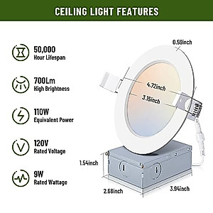12 Pack Recessed Lighting 4 Inch with Junction Box, 5CCT 4 Inch LED Recessed Lights Dimmable 2700K/3000K/4000K/5000K/6000K, 9W 700lm Ultra Thin Recessed Lighting - ETL and Energy Star Certified