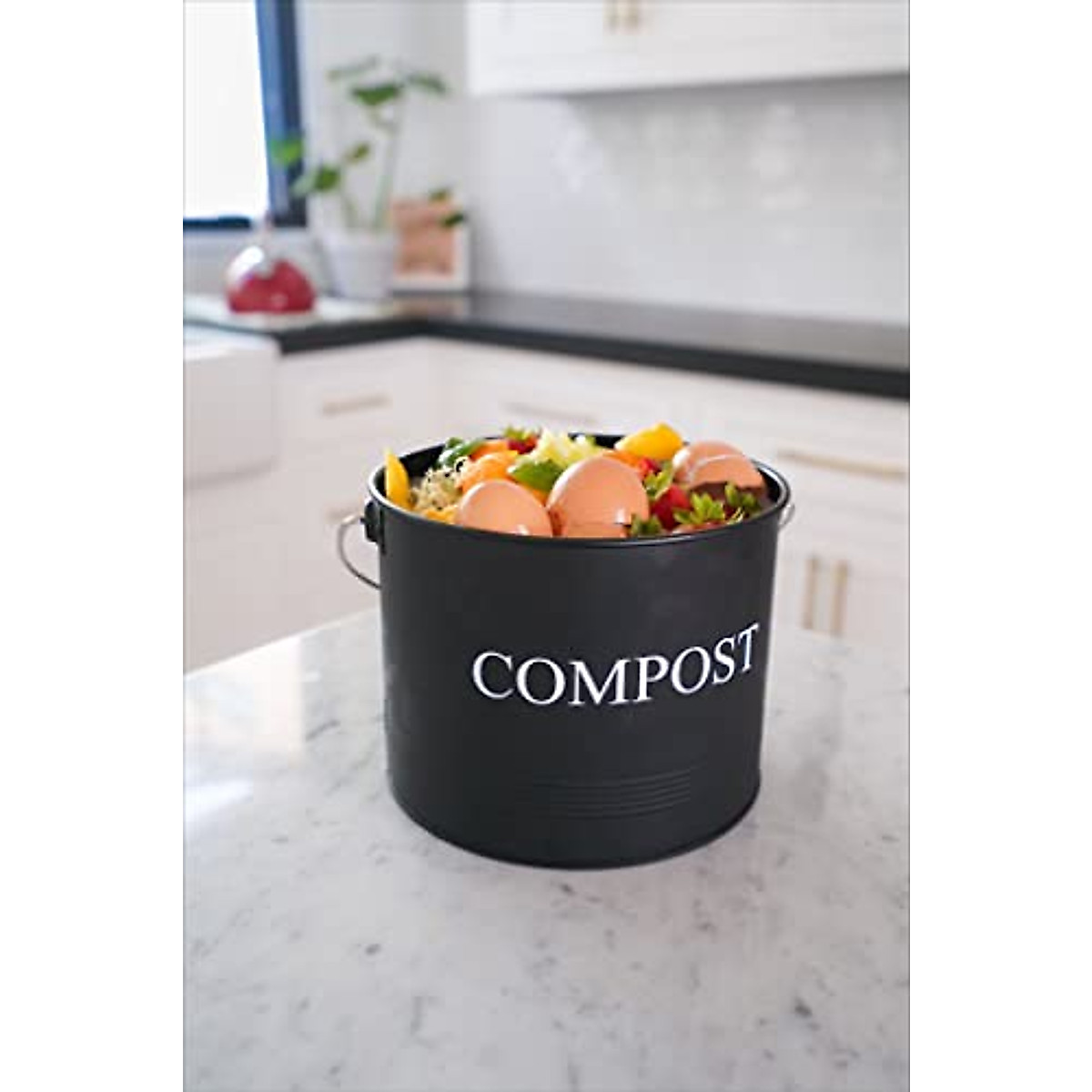 Rise Abve Compost Bin - Odorless Indoor Food Waste Bin with Lid - Scrap Bin - Water Resistant & Rust Bucket - Fixed Black Charcoal Filter - Cross Shaped Design - Easy to Clean Kitchen - Size 8”x7 1/2