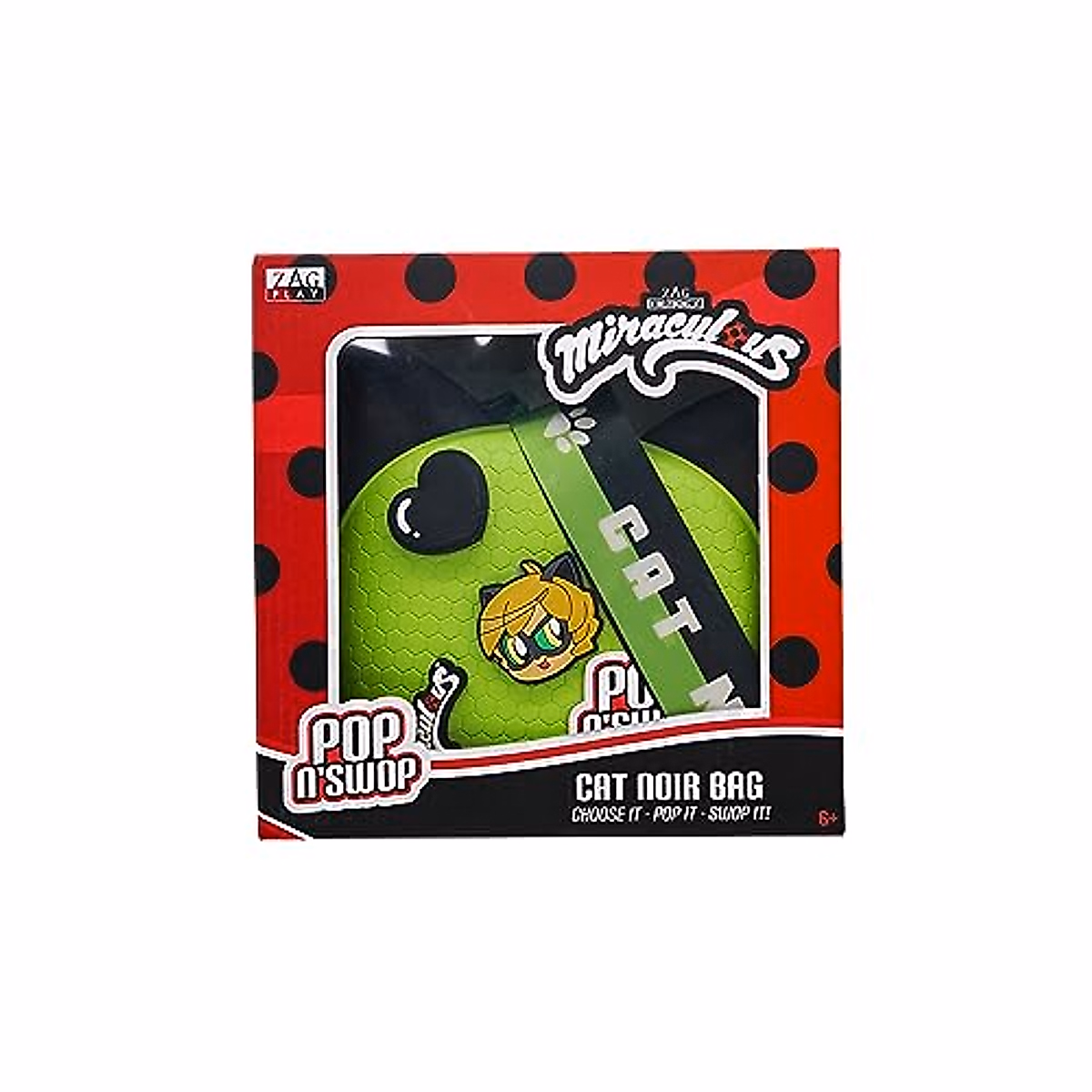Miraculous Ladybug - Pop n' Swop Cat Noir Green Crossbody Bag with 4 Clip-on Badges, Cat Paw Zipper, Adjustable and Detachable Strap, Removable Ears, Lightweight Durable Waterproof Purse (Wyncor)