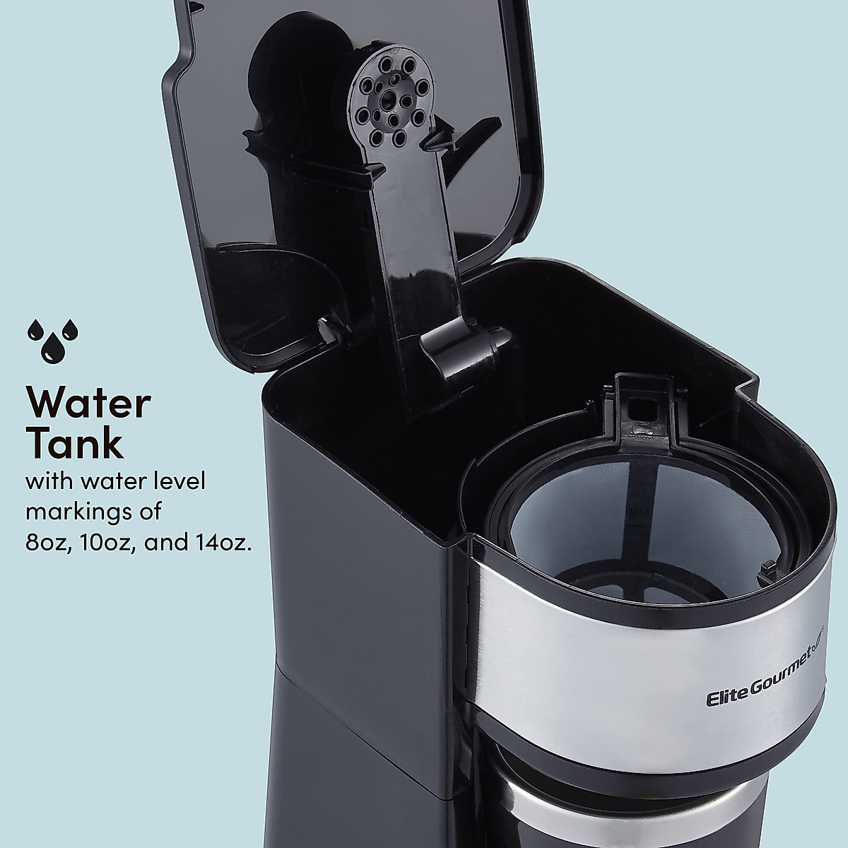 Elite Gourmet EHC112 Personal Single-Serve Compact Coffee Maker Brewer Includes 14Oz. Stainless Steel Interior Thermal Travel Mug, Compatible with Coffee Grounds, Reusable Filter