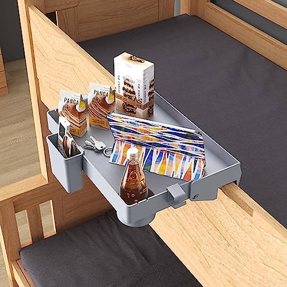 SOLEJAZZ Bedside Shelf for Bed, Folding Bunk Bed Shelf for Top Bunk Clip On Nightstand College Dorm Room Essential Table Caddy Bedside Night Stand Shelf with Hooks, Cup & Cord Holder, Plus Size, Grey