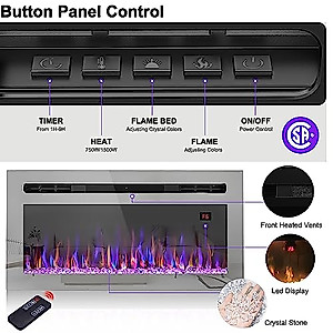 Ooiior 31 Inch Electric Fireplace with Remote Control, Recessed and Wall Mounted Ultra-Thin Fireplace Heater and Linear Fireplace, with Timer, Adjustable Flame Color, 750/1500W