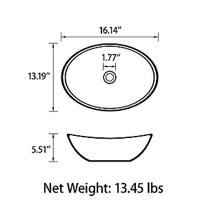 Sinber 16" x 13" x 5.5" White Oval Ceramic Countertop Bathroom Vanity Vessel Sink BVS1613A-OL