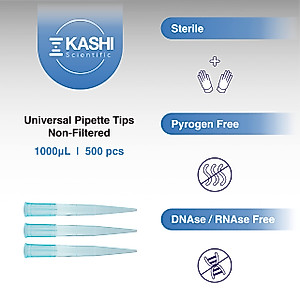 1000uL Pipette Tips, Kashi Scientific Universal Non-Filter Tips for Pipette 1000 uL, Sterile Bulk Pipette Tips with Clear Graduation, 1 mL Pipet Tips, DNase RNase Free, 500 Tips/Bag - Blue