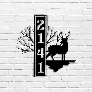 Personalized Deer Tree Vertical Address Sign House Number Plaque Custom Metal Sign 8x8 inches Black Power Coated Home Outdoor Decor Housewarming Gifts