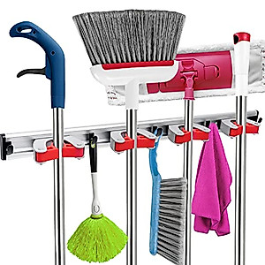 20" Broom Holder Wall Mount - 4 Sliding Broom Hangers and 5 Mop Holders, Moveable Wall Hanging Organizer for Garage, Restaurant, Kitchen and Laundry Room, Perfect for Cleaning Supplies.