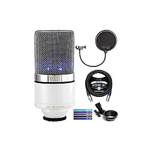 blucoil MXL 990 Blizzard Condenser Microphone with Blue LED Lights Bundle 10-FT Balanced XLR Cable, Pop Filter Windscreen, and 5-Pack of Reusable Cable Ties