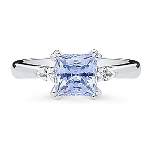 BERRICLE Sterling Silver 3-Stone Greyish Blue Princess Cut Cubic Zirconia CZ Fashion Anniversary Ring for Women, Rhodium Plated Size 4