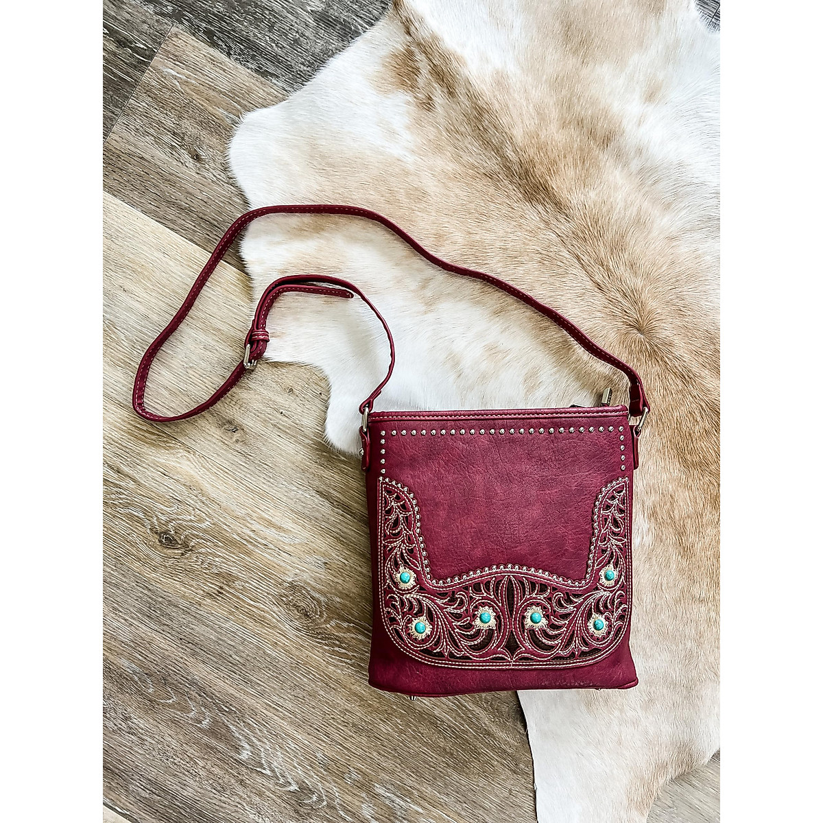 Montana West Concealed Carry Studs and Conchos Crossbody Purse - Burgundy