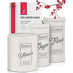 noonberry Canisters for Kitchen Counter, Set of 3 - Airtight Sugar and Flour Containers & XL Kitchen Utensil Holder, Vintage Farmhouse Canister Set for Kitchen Countertop