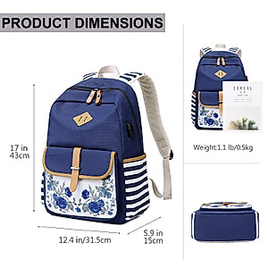 goldwheat Girls Backpack Canvas Schoolbag Bookbag Laptop Bag Rucksack with USB Charging Port