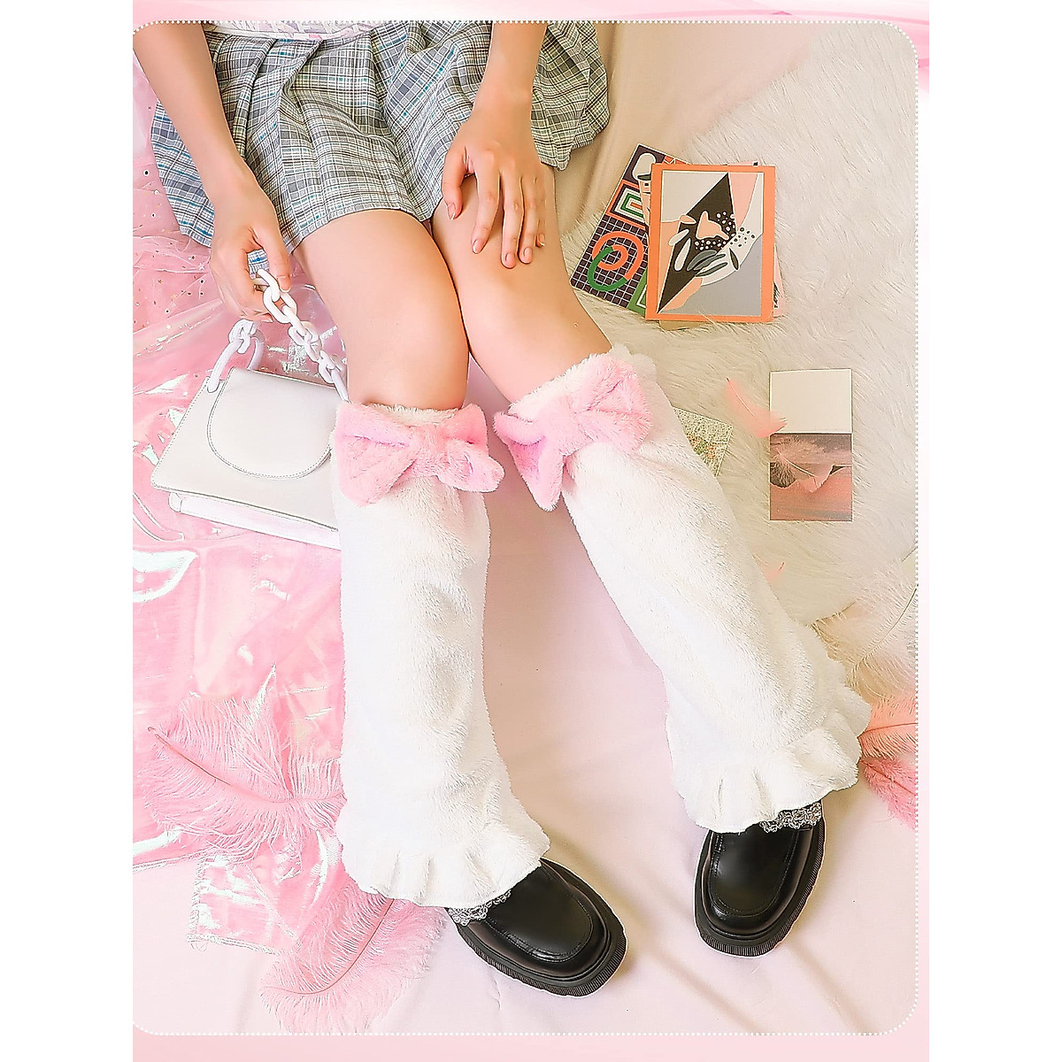 SATINIOR womens Kawaii Leg Warmer Fuzzy Fluffy Bow Cartoon Cosplay Over the Knee Socks, White and Pink, Medium