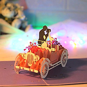 CUTE POPUP - Anniversary Card with Bride and Groom in Wedding Car Design, Valentines Day Card, Thinking of You Card, Birthday Card, Surprising Present for Couple, Wife and Husband