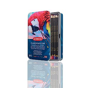 Derwent Chromaflow Colored Pencils Tin, Set of 24, Great for Holiday Gifts, 4mm Wide Core, Multicolor, Smooth Texture, Art Supplies for Drawing, Blending, Sketching, Professional Quality (2305857)