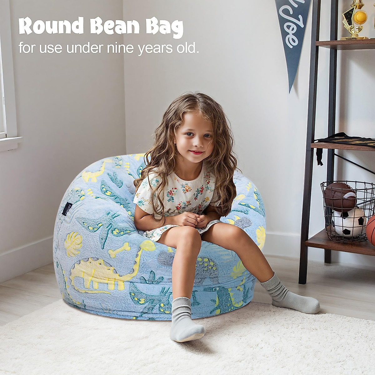 Kids Bean Bag Chair Turn into Beanbag Bed, Dinosaur Toddler Bean Chair for Girl Boy Sleeping, Lazy Children Sofa Couch with Filler, Convertible Child Floor Mattress, Blue Dino