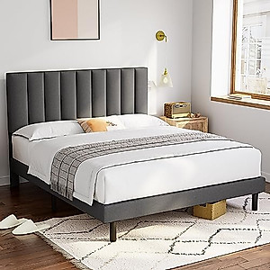 Molblly Dark Gray Full Bed Frame Platform with Headboard Slats
