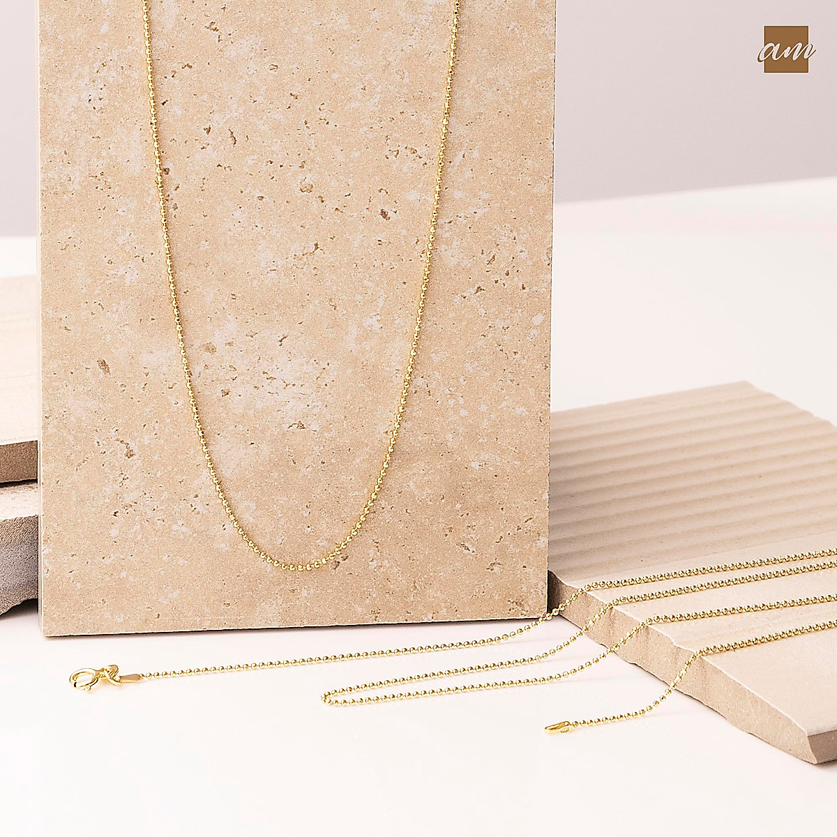 Amberta 18K Gold Plated on Sterling Silver 1.2 mm Ball Bead Chain Necklace Size: 16 18 20 22 24 28 inch / 40 45 50 55 60 70 cm (20inch/50cm)