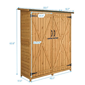Outdoor Wooden Garden Shed with Asphalt Felt Pitched Roof Fir Wood Outdoor Storage Cabinet for Tools Lockable Double Doors Natural Wood Aesthetic 55.1" L x 19.7" W x 63.8" H