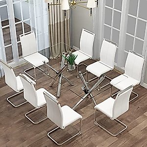 Baysitone 71inch Glass Dining Table Set for 8, Kitchen Table Set with Upholstered PU Leather Dining Chairs, Modern Tempered Glass Dinner Table Set with 8 Metal Frame Chairs, White