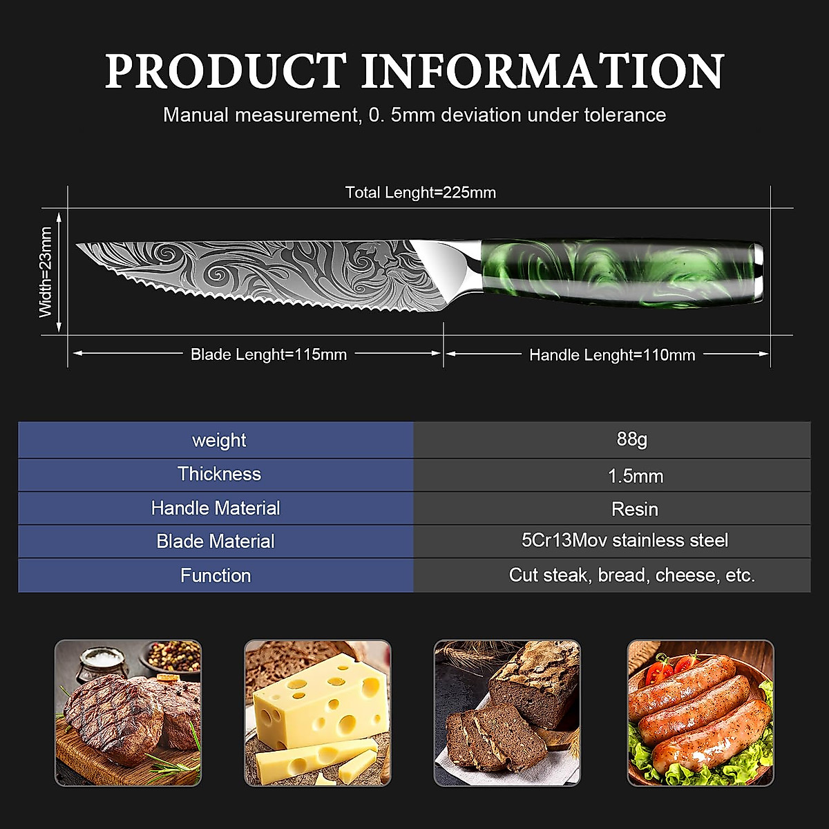 XT XITUO Serrated Steak Knife Set w/Beautiful Engraved Pattern - 6PC Premium 4.5 inch Steak Knives, German Steel Knife Table Dinner Knife w/Emerald Green Resin Handle for Home Restaurant