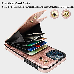 Folosu Compatible with iPhone 12/12 Pro Case Wallet with Card Holder, 360°Rotation Finger Ring Holder Kickstand Protective RFID Blocking PU Leather Double Buttons Flip Shockproof 6.1 Inch Rose Gold