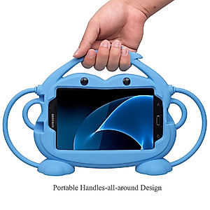 Kids Case for Samsung Galaxy Tab A/3/3 Lite/4 7.0 inch Tablet - CHINFAI [Double-Faced Monkey Series] Shock Proof Silicone Handle Stand Protective Cover for Samsung 7" Tablet (Blue)