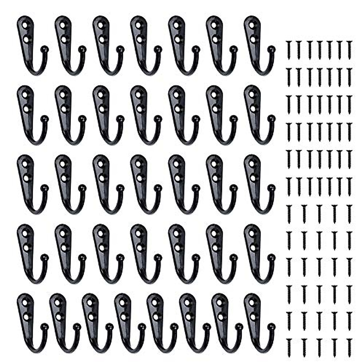 36 Pieces Coat Hooks Wall Mounted Robe Hook Single Coat Hanger No Scratch and 72Pieces Screws Black (Black)