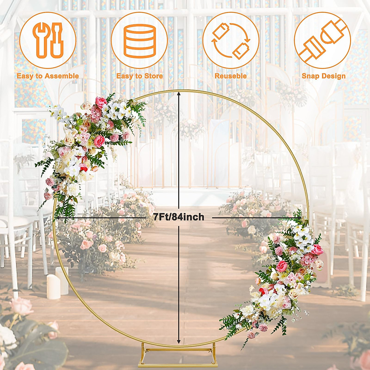 GULIMENG 7 Ft Round Backdrop Stand Metal Arch, Circle Backdrop Arch Stand Wedding Arch Frame, Balloon Arch Stand Arch Backdrop Stand for Party, Wedding Archs for Ceremony Baby Shower Decoration (Gold)