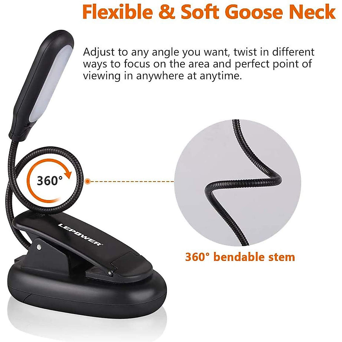 LEPOWER Clip on Book Light/Reading Light/Clip Light with 5 LED Eye Care, 3 Color Changeable, Portable Reading Lamp, Battery & USB Operated, Bed Light for Kids, Bookworms, Students(Black)