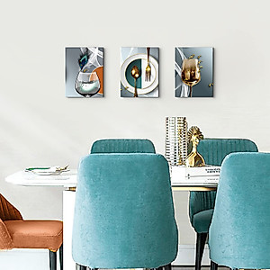 Canvas Wall Art for Dining Room Kitchen Wall Decor Teal Gold Wine Glass Pictures Abstract Wine Cups Paintings Geometric Kitchenware Posters Modern Home Decorations Family Bar Pub Artwork 12x16" 3 Pcs