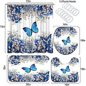 AtGoWac 4 Pieces Flower and Butterfly Shower Curtain Sets with Rugs, Romantic Blue Butterfly Shower Curtain
