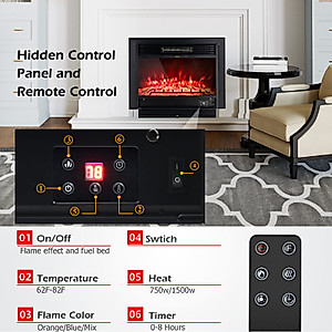 GLACER Electric Fireplace, 28.5'' Recessed Fireplace Heater with 3 Colors Adjustable LED Flame,Timer,Thermostat,Hidden Control Panel,Remote Control,750W/1500W Wall Mounted, Black, (EP100)