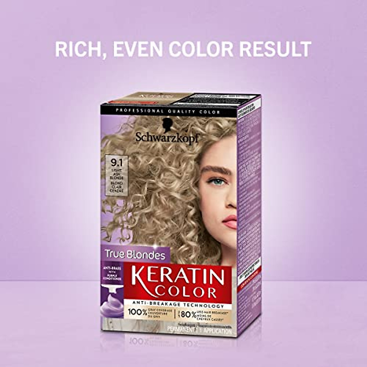 Schwarzkopf Keratin Color Permanent Hair Color Cream, 9.1 Light Ash Blonde, 1 Kit