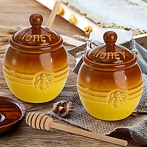 Hiceeden 2 Pack Ceramic Honey Pot with Dipper and Lid, 12 Oz Yellow Honey Jar Bee Embossed Honey Storage Container for Kitchen, Decoration, Coffee/Tea Bar
