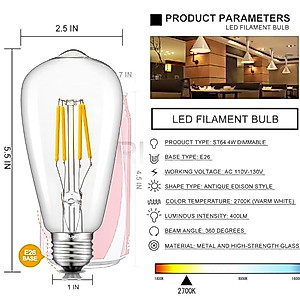 CRLight Dimmable LED Edison Bulb 4W 2700K Warm White, 400LM 40W Incandescent Equivalent Vintage ST64 / ST21 E26 Clear Glass LED Filament Bulbs, Pack of 6