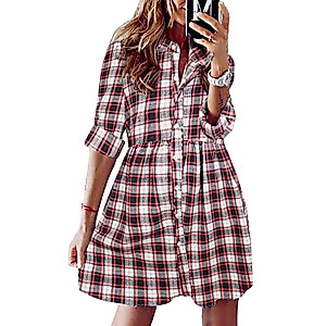 FANCYINN Women's Gingham Stand Collar Shirt Dress Button Up Casual Round Up Long Sleeve Mini Plaid Shirt Dresses Christmas Red and Black S