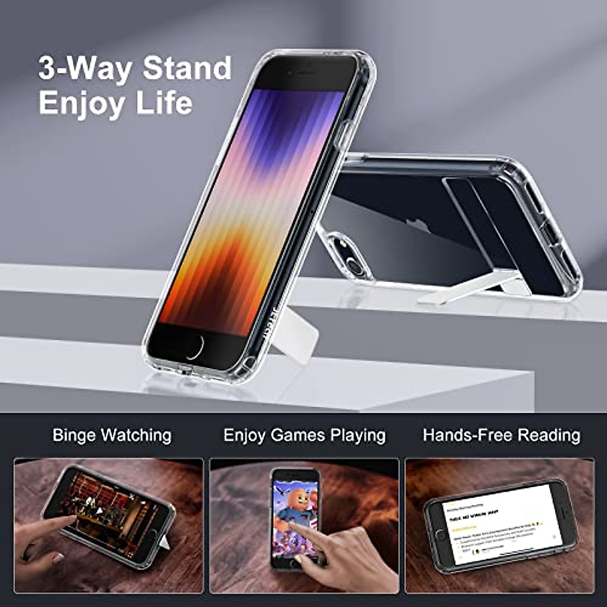 JETech Kickstand Case for iPhone SE 3/2 (2022/2020 Edition), iPhone 8/7, 4.7-Inch, Support Wireless Charging, Slim Shockproof Bumper Phone Cover, 3-Way Metal Stand (Clear)