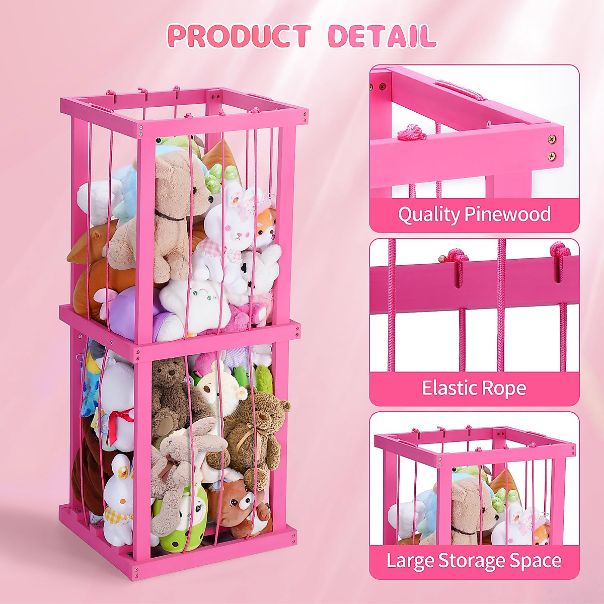 Wooden Stuffed Animal Storage, Extra Large Stuffed Animal Holder Plush Toy Organizer with Elastic Band, Stuffed Animal Zoo Storage for Nursery Play Room Bedroom Corner