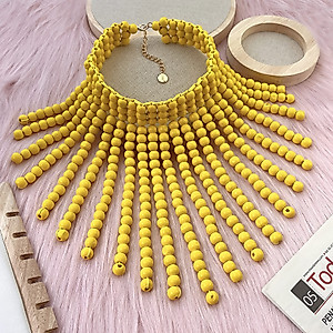 Coiris Boho African Wooden Beaded Bib Statement Necklace Strands Layered Cluster Chunky Collar Choker Wood Necklace for Women Fashion Costume Jewelry(N0065-Yellow)