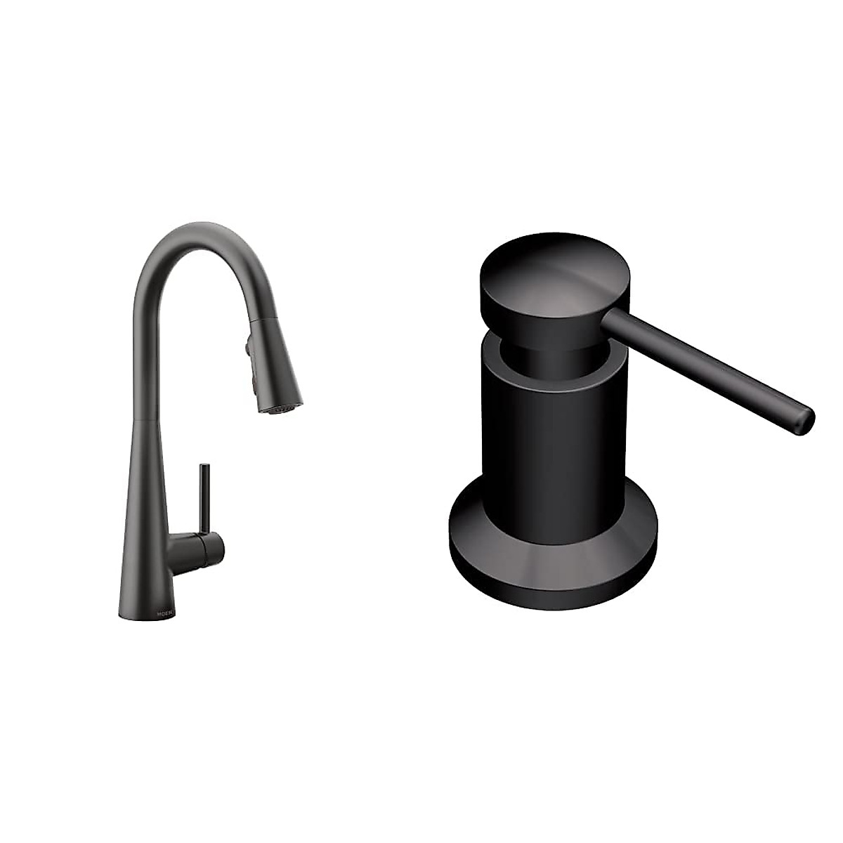 Moen 7864BL Sleek One-Handle High Arc Pulldown Kitchen Faucet Featuring Reflex (7864BL), Matte Black with Kitchen Soap and Lotion Dispenser
