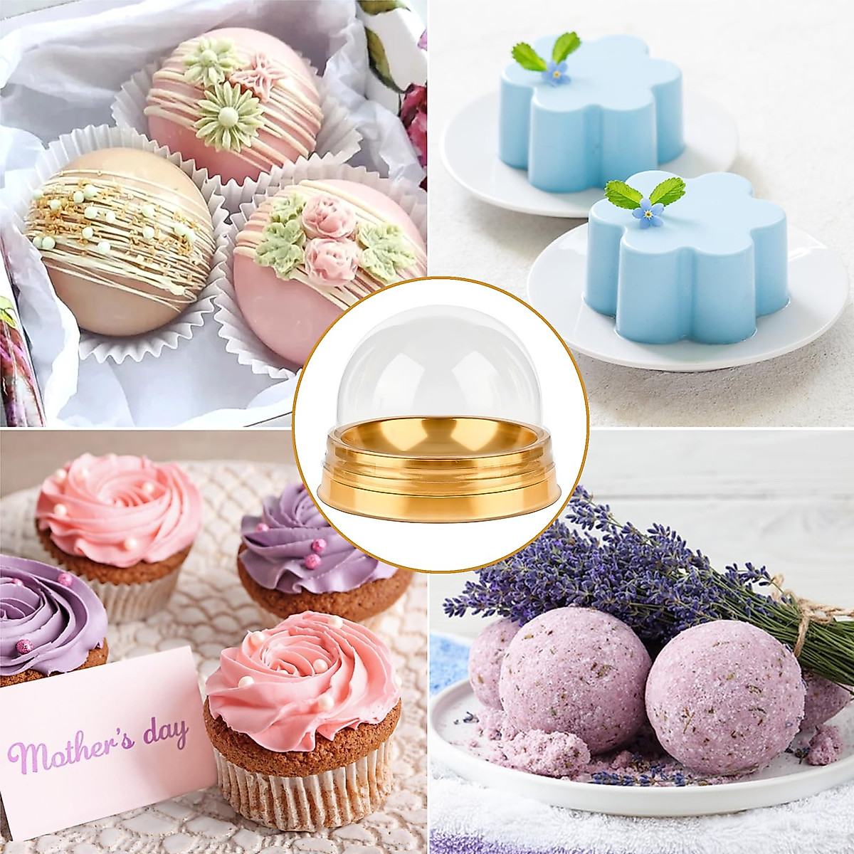 TOFLEN 50 Pack 3 Inches Gold Charcuterie Domes with Clear Lids, Plastic Hot Cocoa Bomb Boxes, Individual Party Dessert Display Charcuterie Domes for Catering Event Wedding