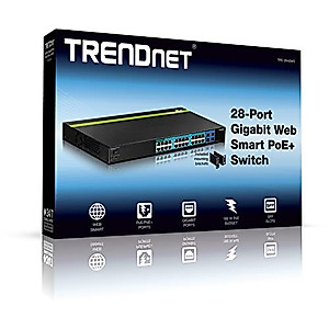TRENDnet 28-Port Gigabit Web Smart PoE+ Switch, 24 x Gigabit Ports, 4 x Shared Gigabit Ports (RJ-45 or SFP), 185W PoE Budget, 56Gbps Switching Capacity, Lifetime Protection, Black, TPE-2840WS
