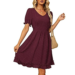 OFEEFAN Ladies Summer Dresses Puff Sleeve Summer Swiss Dot Dress for Women Wine Red L