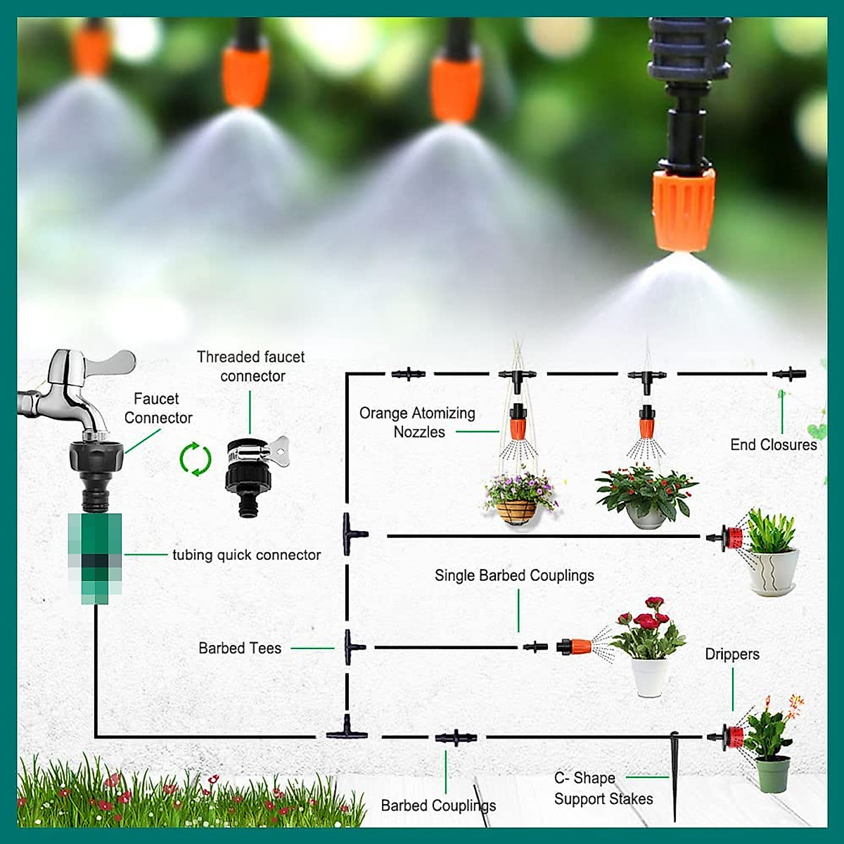 Mist Cooling Automatic Irrigation System, 2023 New Drip Irrigation Kit Cooling Irrigation System, Garden Plant Watering Sprinkler System with Distribution Tubing Hose Adjustable Nozzles (32.8FT/10M)