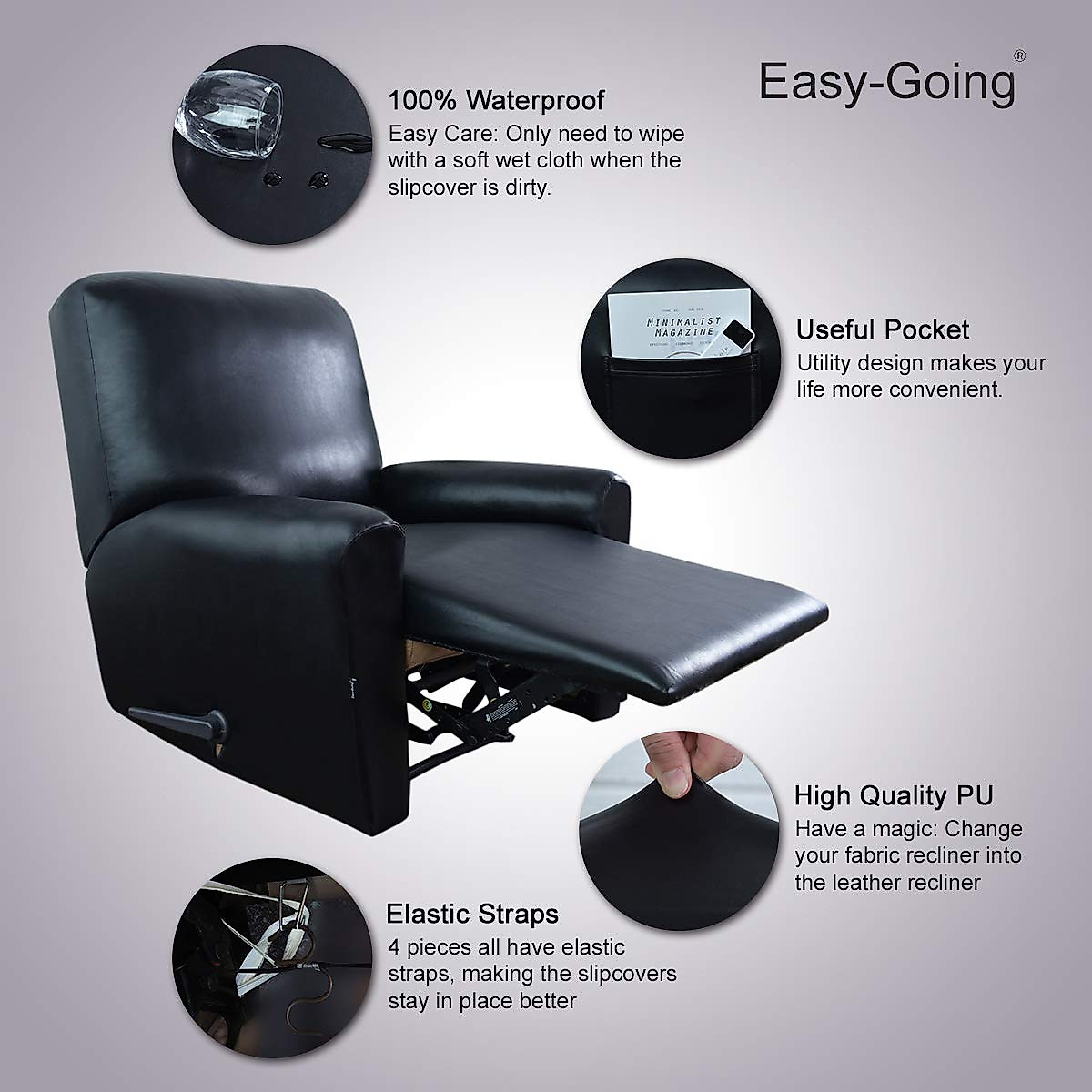 Easy-Going PU Leather Recliner slipcovers, Waterproof Stretch Sofa Covers, 4 Pieces Stretch Furniture Protector, Anti-Slip Elastic Strap Shield Pets Kids Children Cats Dogs (Recliner, Black)