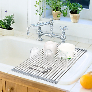 Hhyn Roll-Up Sink Drying Rack 17.7"(L) x 13.8"(W) - Multipurpose Heat Resistant Over The Sink Stainless Steel & Silicone Dish Drying Rack Rollable Kitchen Dish Drainer, Gray