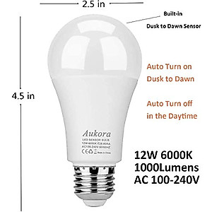 Aukora Dusk to Dawn Light Bulb 4 Pack, 12W (100-Watt Equivalent 1000lm) Smart Sensor Light Bulbs indoor E26/E27 6000K Daylight A19 Led outdoor Light Bulb for Porch Yard Garage Garden Patio(Cool White)